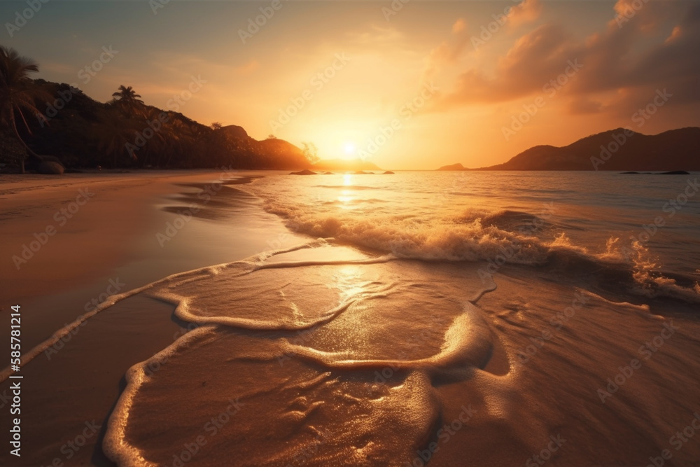 Beautiful landscape with sunset of paradise tropical island beach ...