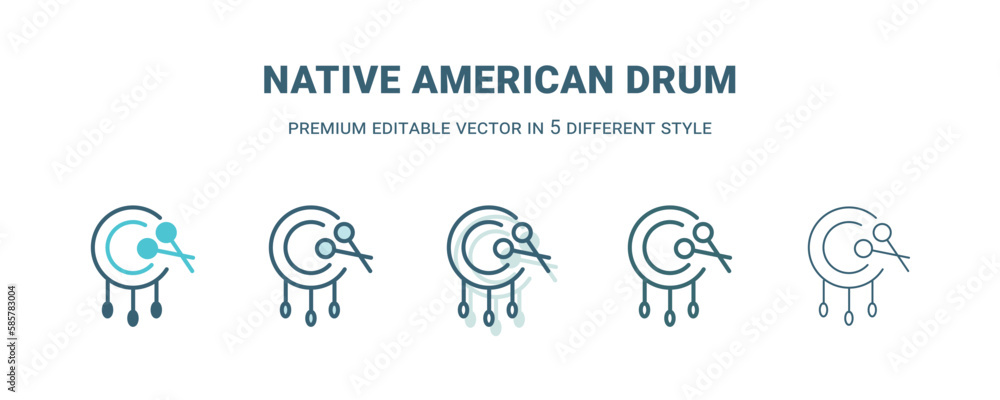 native american drum icon in 5 different style. Outline, filled, two ...