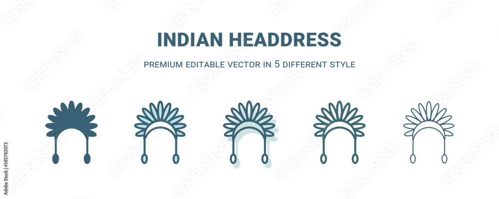 indian headdress icon in 5 different style. Outline, filled, two color ...