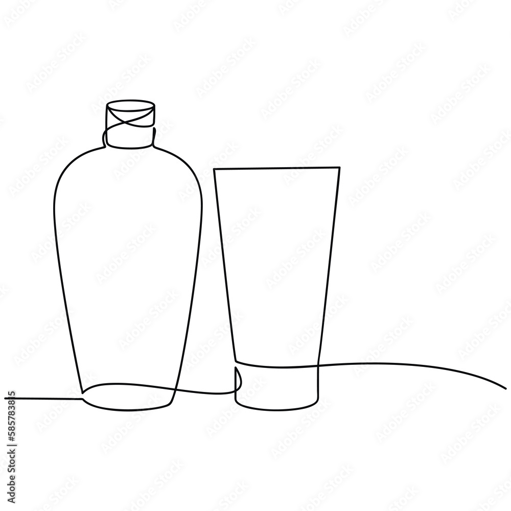 Vector one line continuous drawing. Cream tube and bottle set. Outline ...