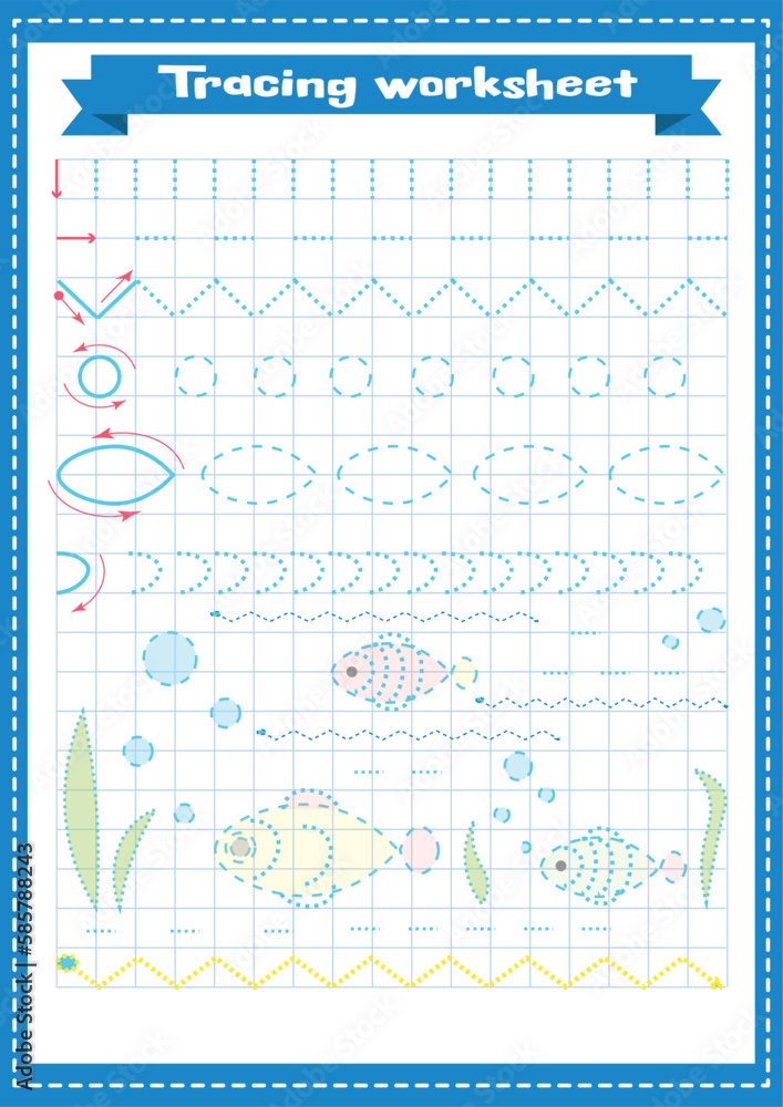 Trace line page game for kids with different lines, shapes, fish, waves. Preschool or ...