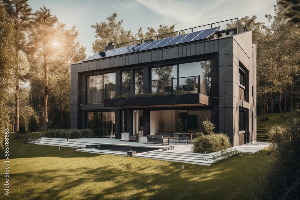 Beautiful modern house with solar panels on the roof. Generative AI ...