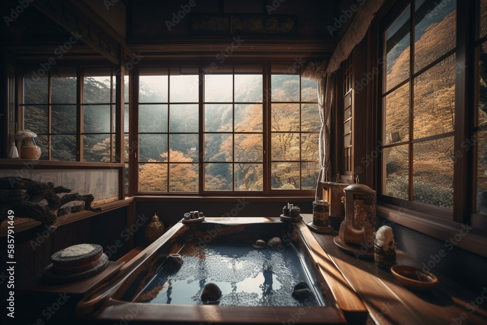 Beautiful and luxury Onsen room in Japanese style with bath against the ...