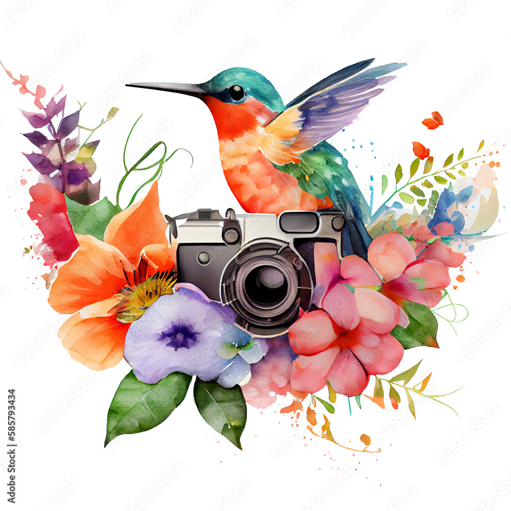 Floral Camera With Hummingbird watercolor art, Retro camera in flowers ...