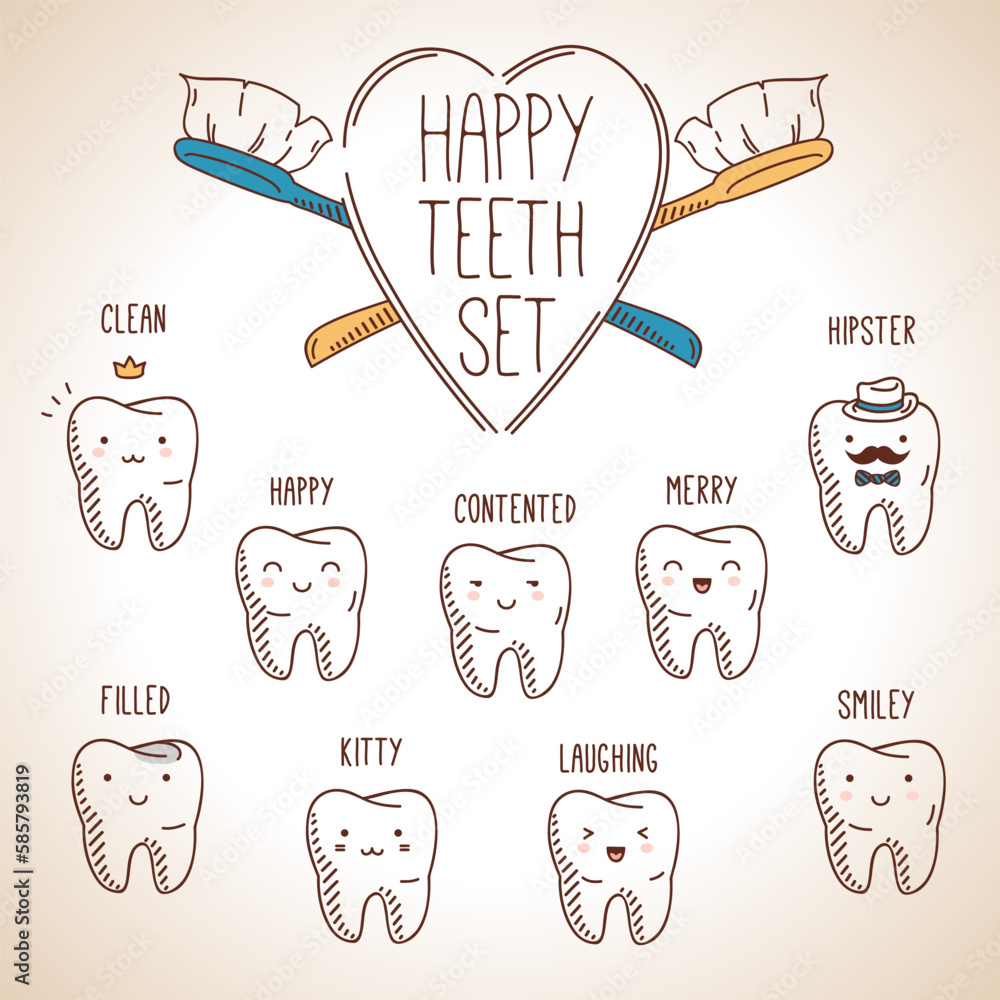 Happy teeth set. Dental collection for your design. Vector cartoons ...