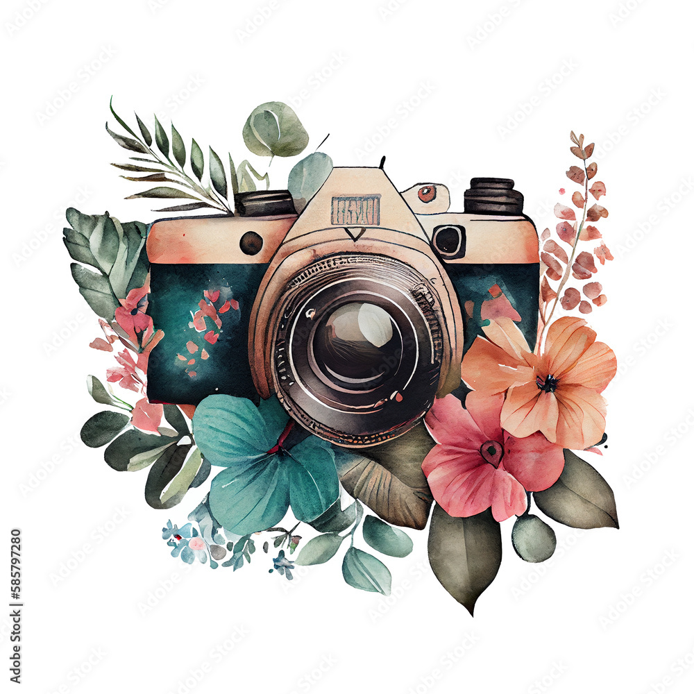 Watercolor Floral Camera Butterfly PNG FIile, Many Beautiful Colorful ...