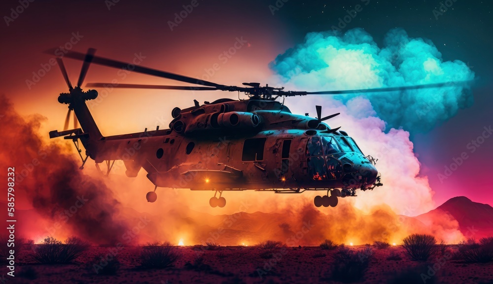 military chopper crosses crosses fire and smoke in the desert, wide ...