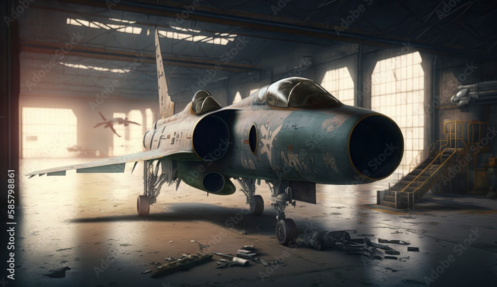 interior view of a generic military fighter jet parked inside a ...