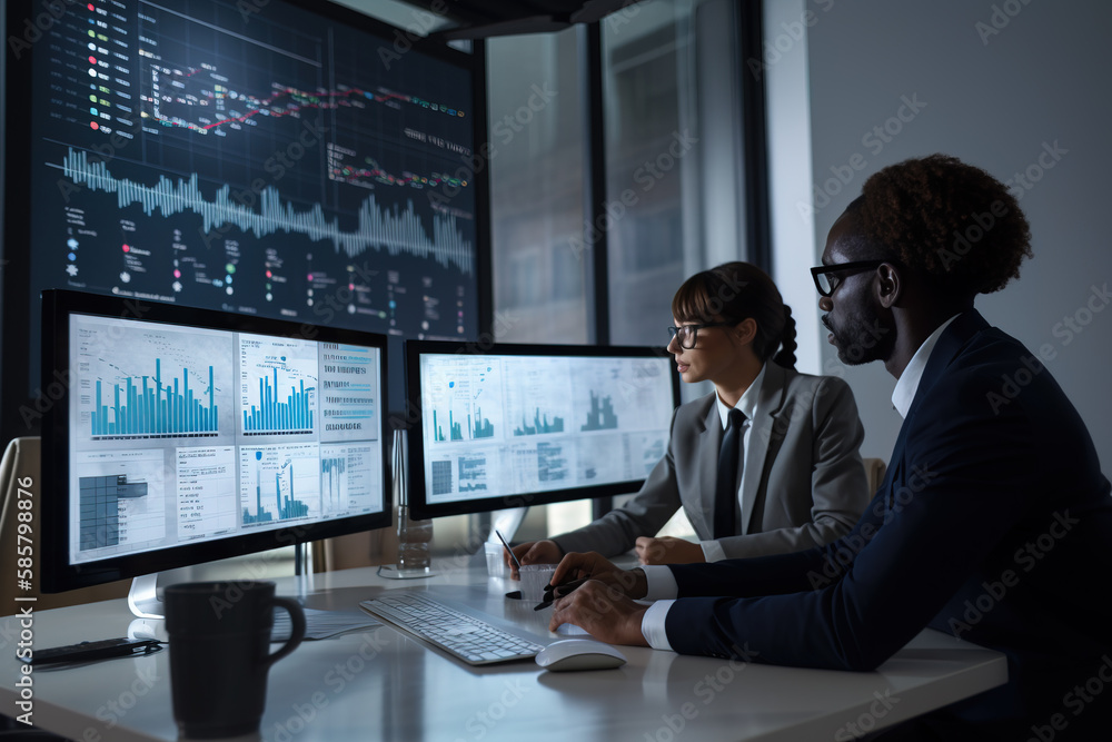 Team of analysts studying charts on their computer screens, Generative AI illustration Stock ...