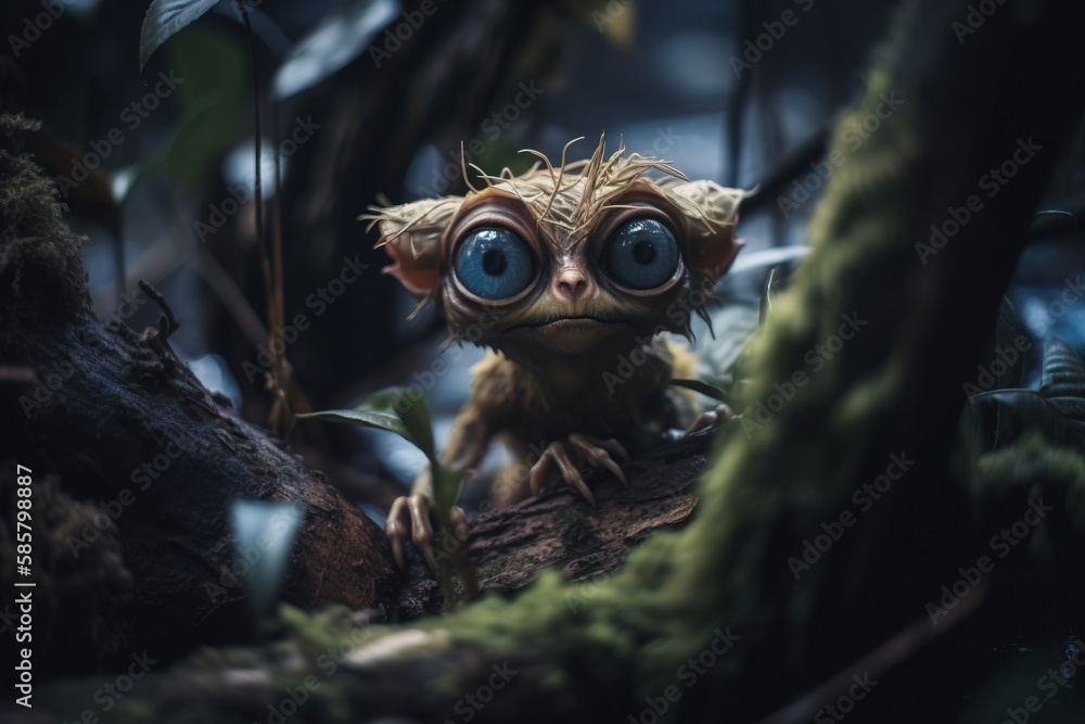 Creepy and cute gremlin hiding in the forest, Generative AI ...