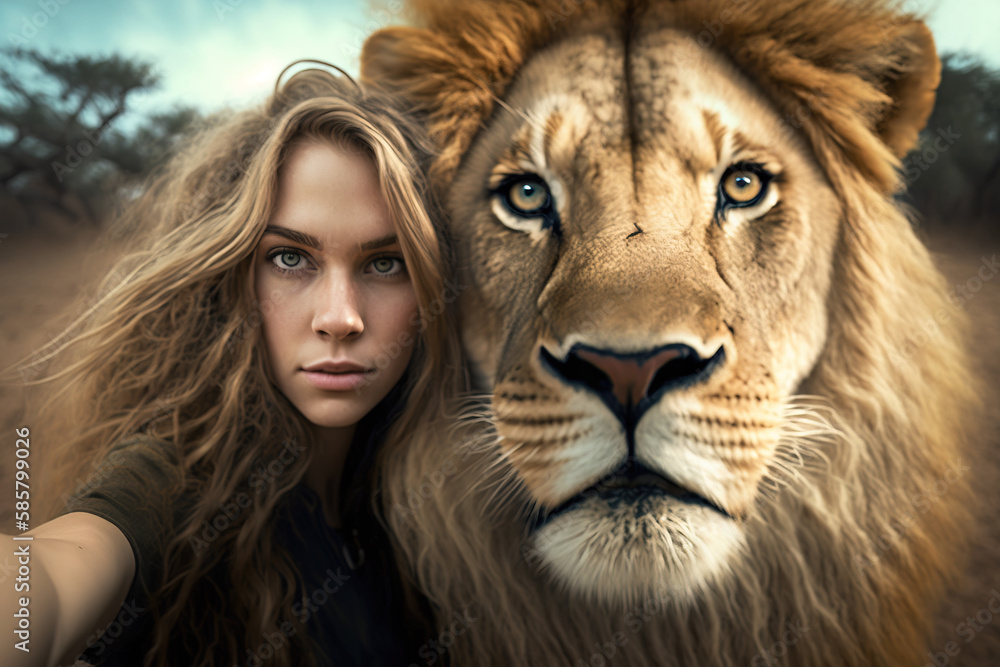 Young blond woman taking a selfie with a lion , Generative AI ...