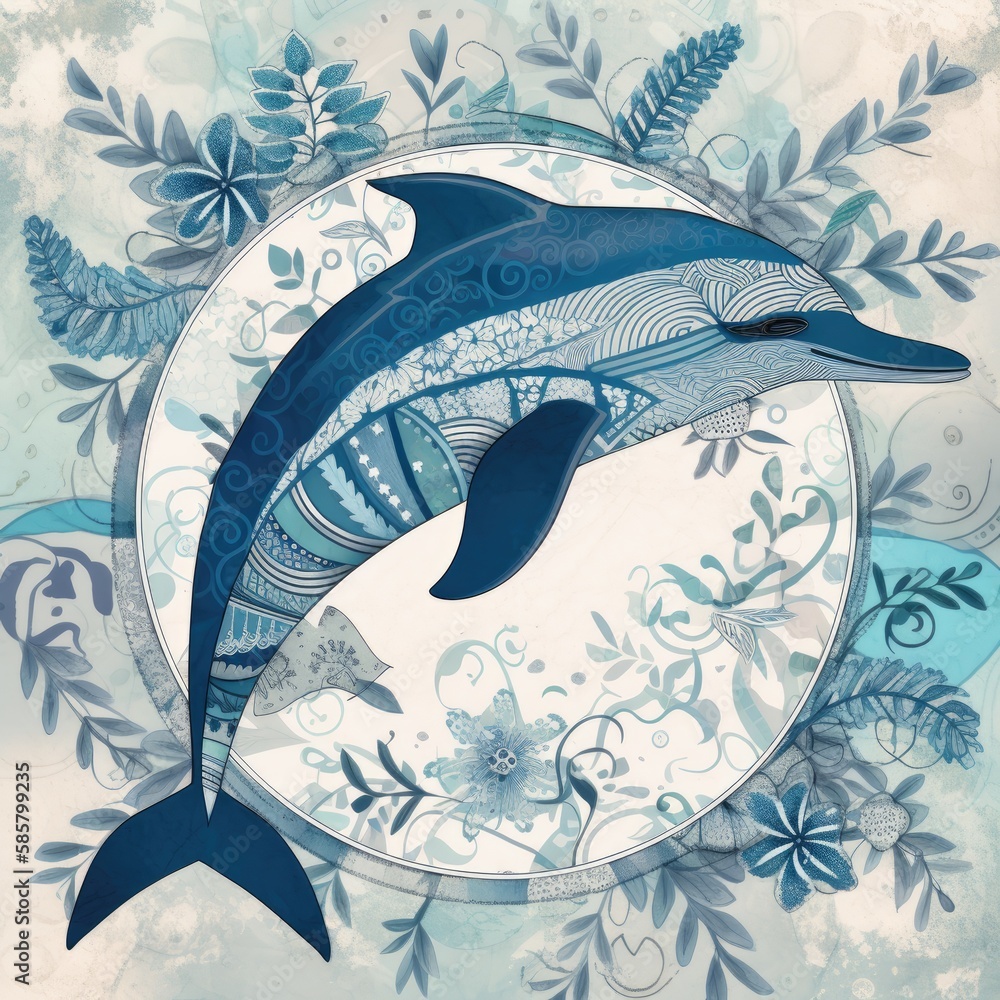A playful dolphin formed from a blend of circles, lines, and floral ...