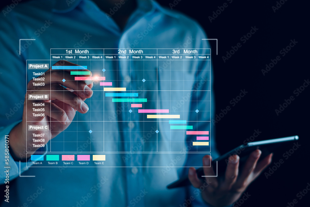Project manager working on tablet. updating tasks and milestones ...
