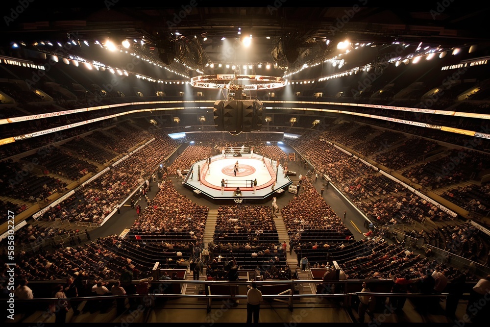 Boxing fight ring. Fans view of sport arena with shining spotlights ...