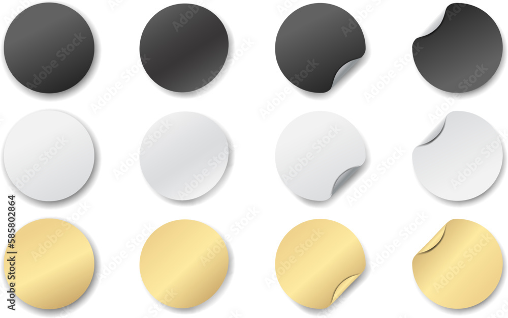 Realistic set of black, white and gold round sticky stickers with ...