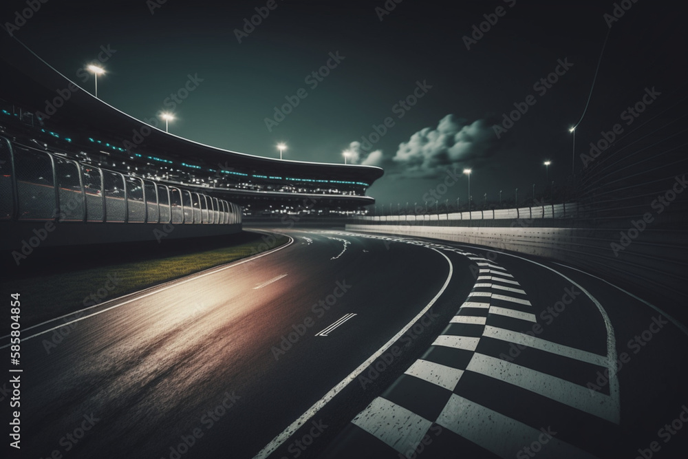 Nighttime sports racing on curved asphalt track with illuminated ...