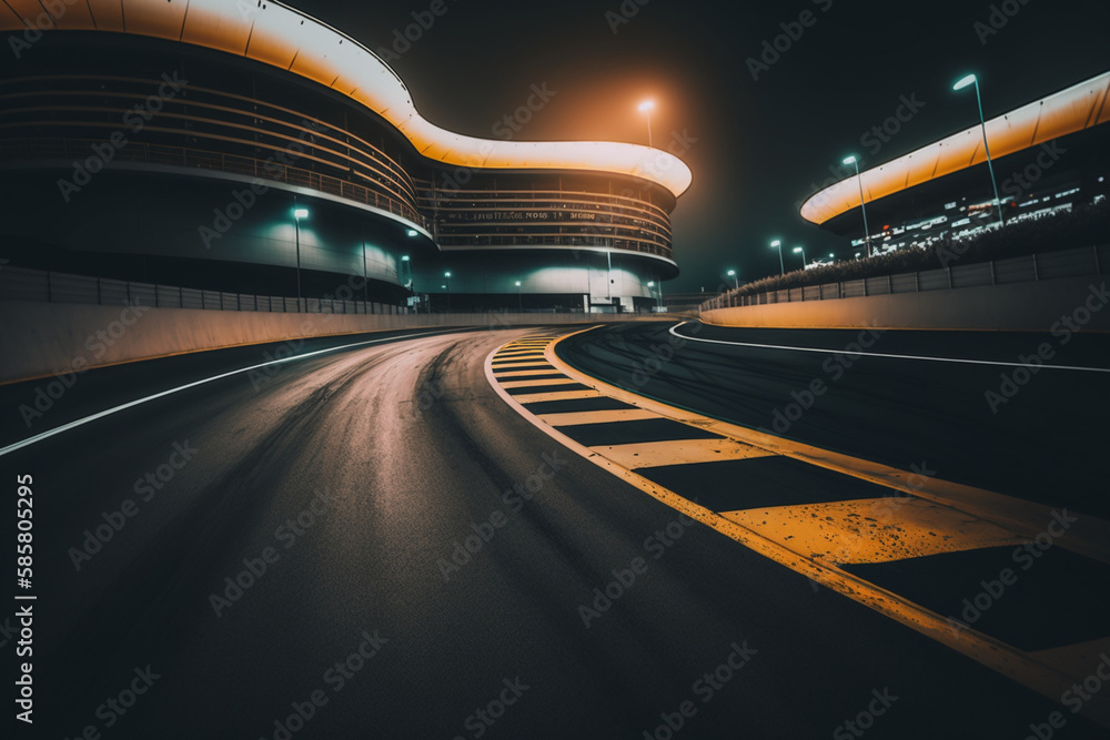 Nighttime curved asphalt race track with illuminated stadium. High ...