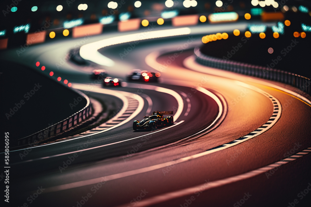 Nighttime curved asphalt race track with illuminated stadium. High ...