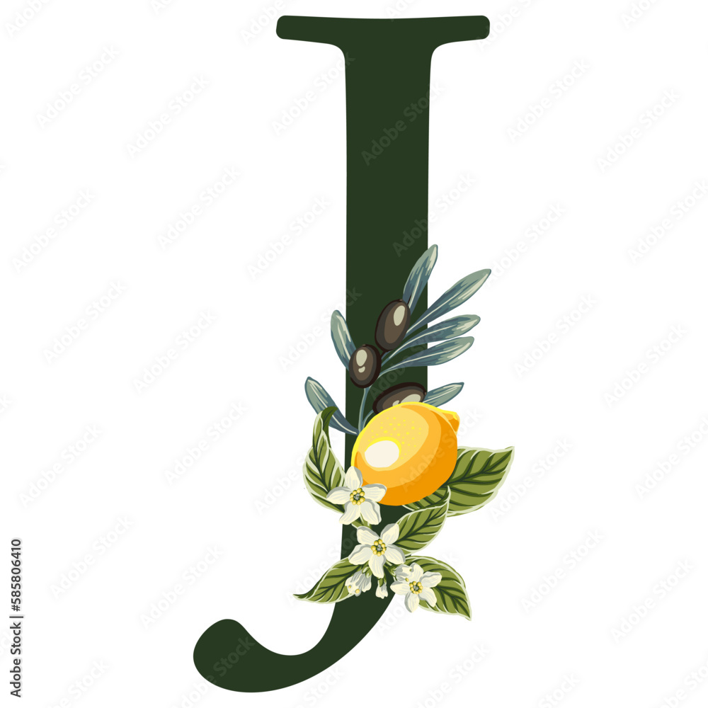 letter J from Alphabet with lemons and olive branches illustration ...