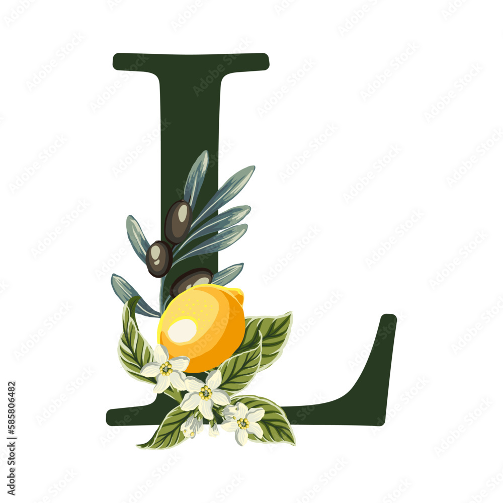 letter L from Alphabet with lemons and olive branches illustration ...