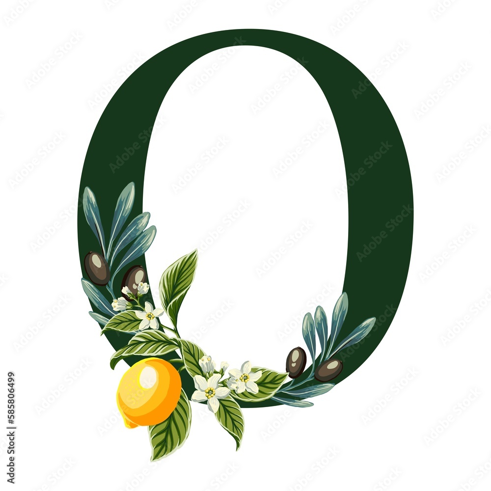 letter O from Alphabet with lemons and olive branches illustration ...