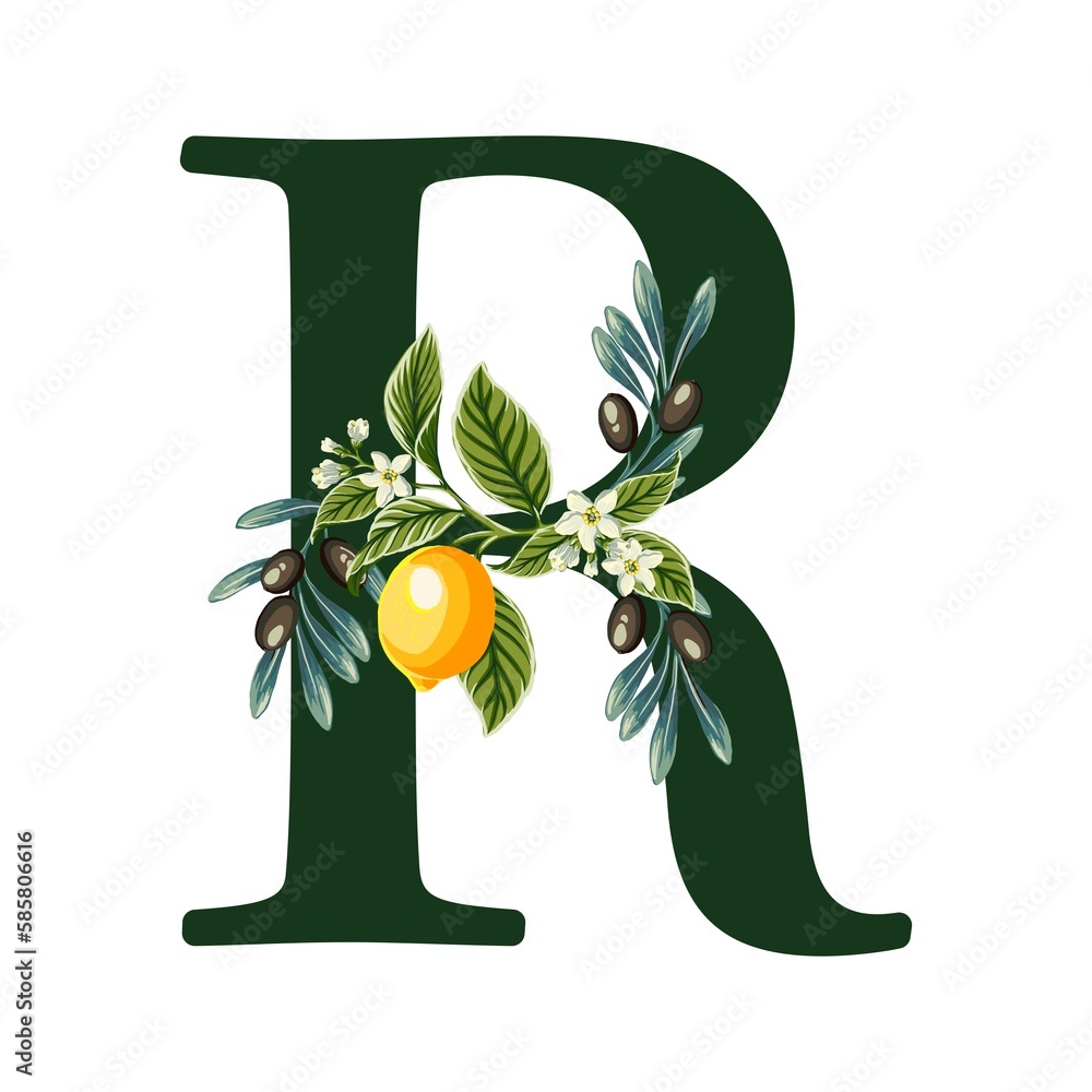 letter R from Alphabet with lemons and olive branches illustration ...