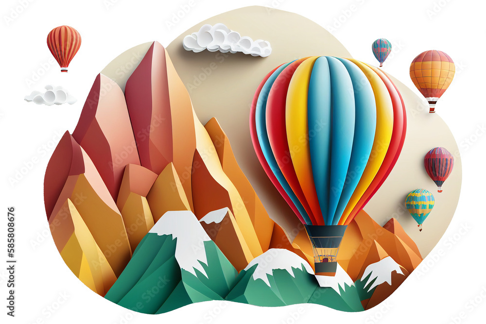 3d illustration hot air balloon in the sky with mountains and clouds ...