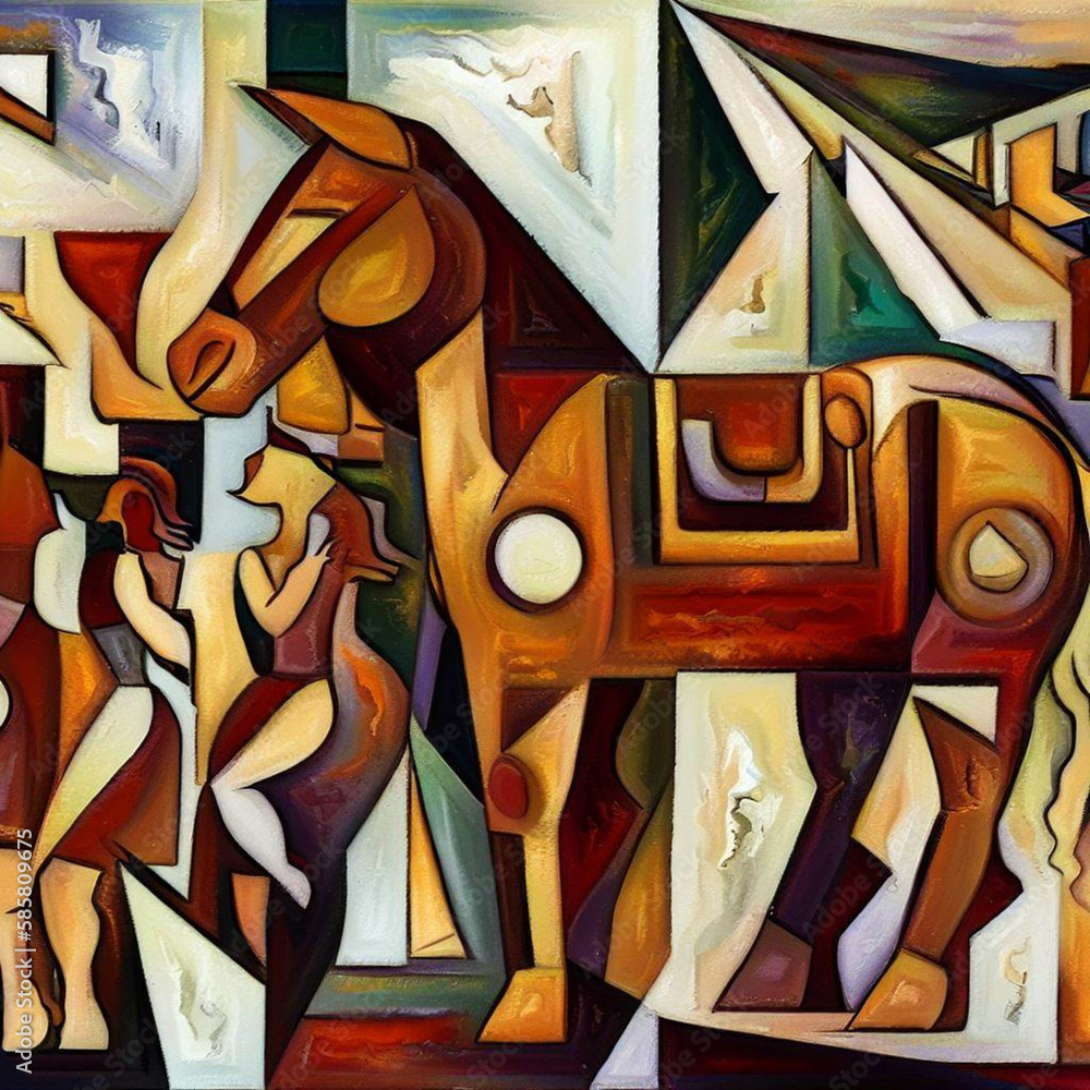 Cubist painting of the wood Trojan horse, as going into the mythical ...