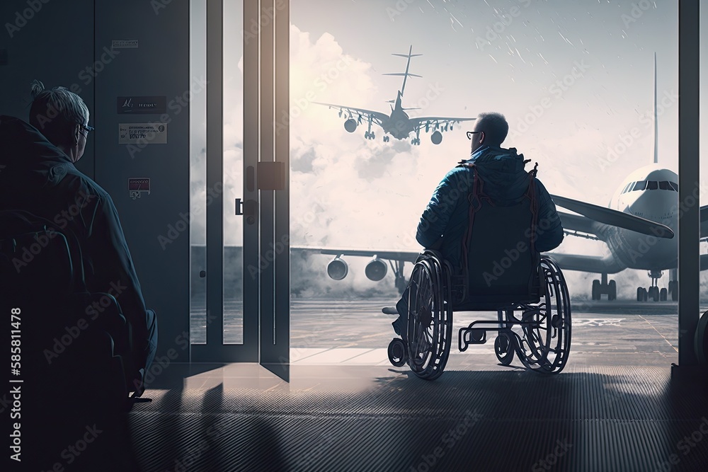 man in wheelchair boarding the plane, with his view of the busy airport ...