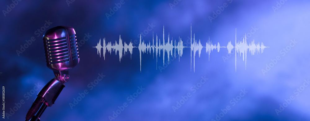 Podcast banner background with vintage vocal microphone on a concert ...