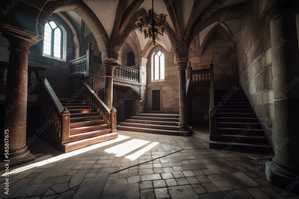 Interior of a fortress, the main hall of a castle with stone floors ...