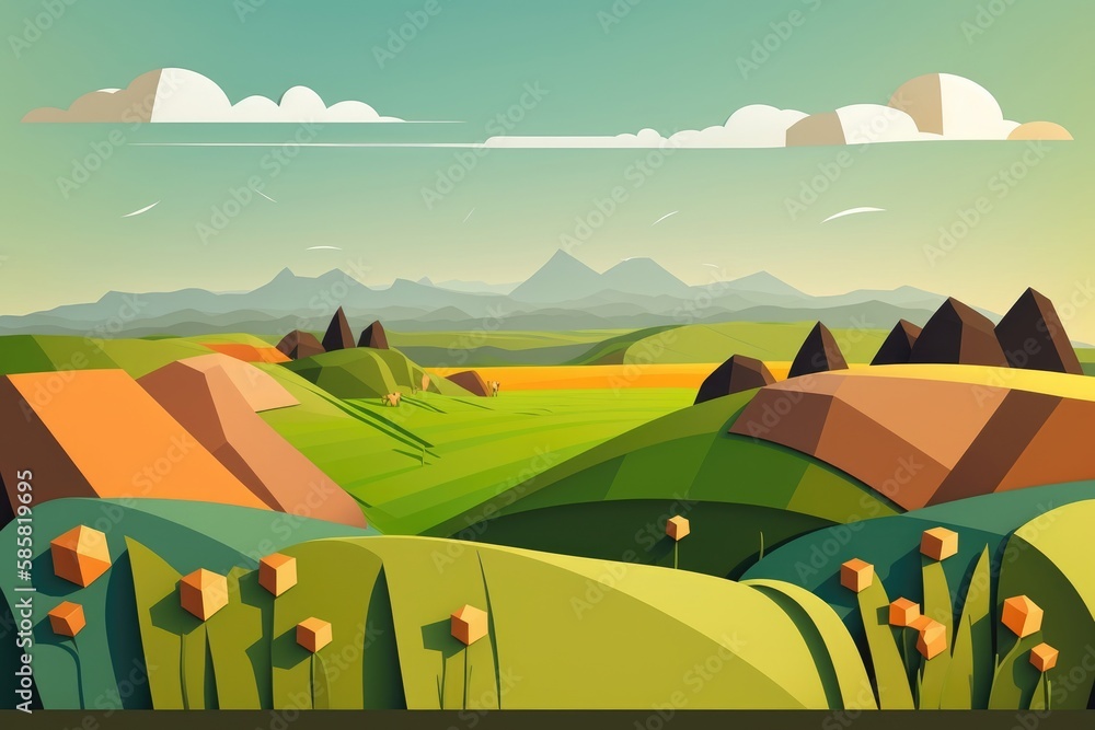 Cartoon style summer field landscape with green grass hills on the ...