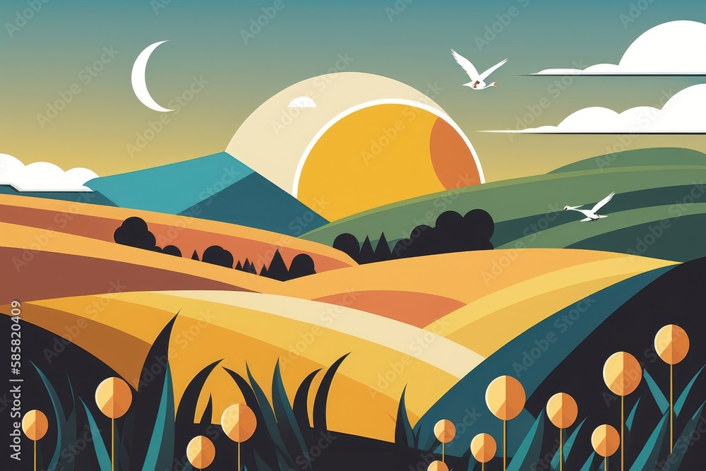 Cartoon style summer field landscape with meadow grass hills on the ...