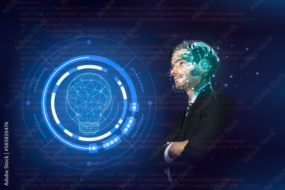 Businessman standing with arms crossed thinking, part of the brain is ...