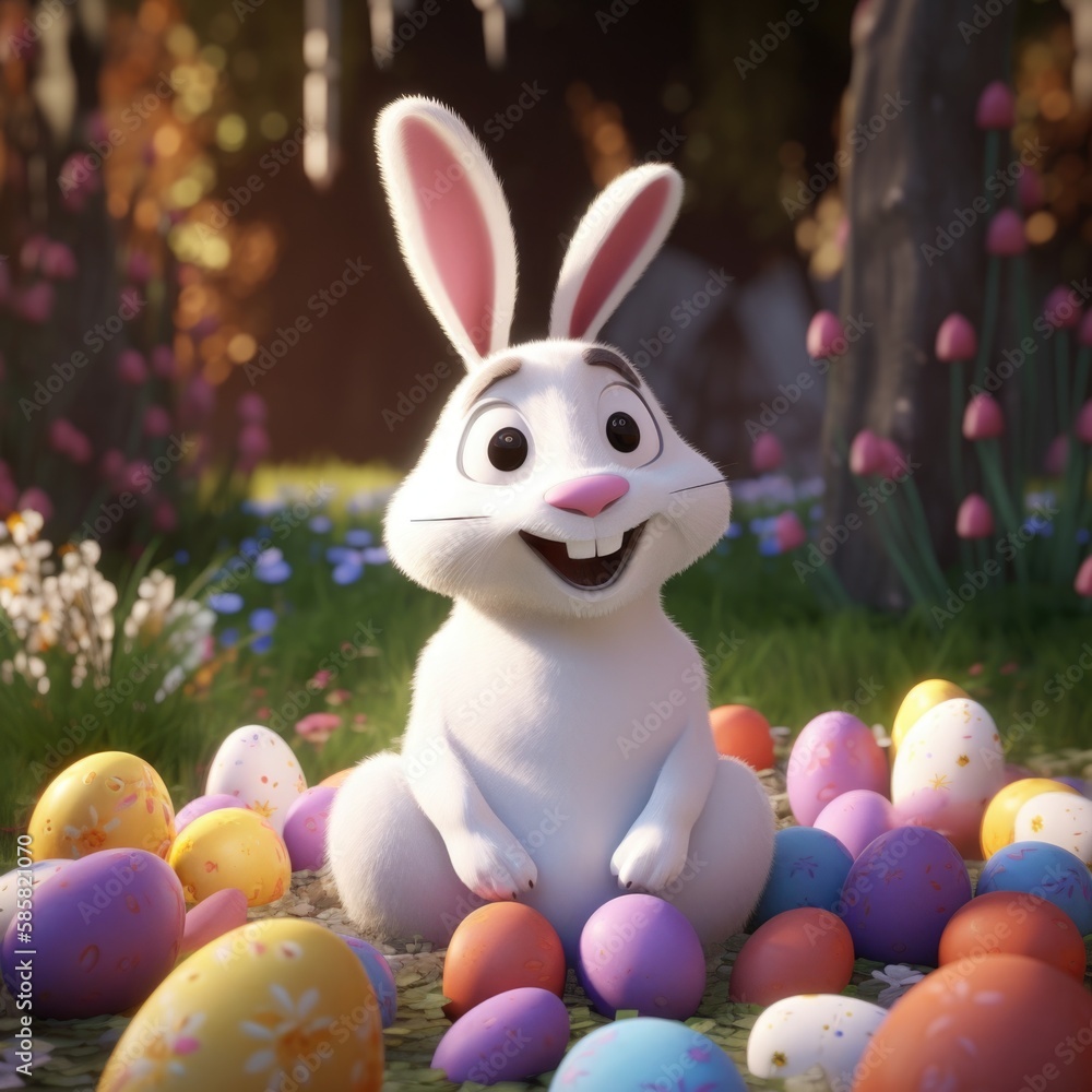 Un lapin de Pâque blanc parmi plusieurs oeufs de Pâque décorés et ...