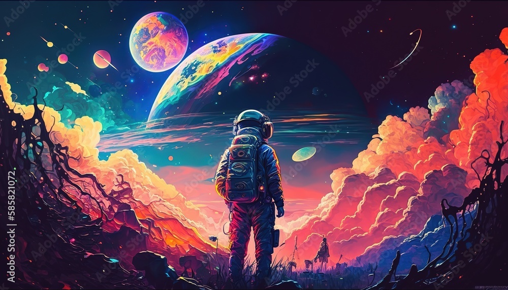 Generative AI, Psychedelic Space banner template, nostalgic 80s, 90s ...