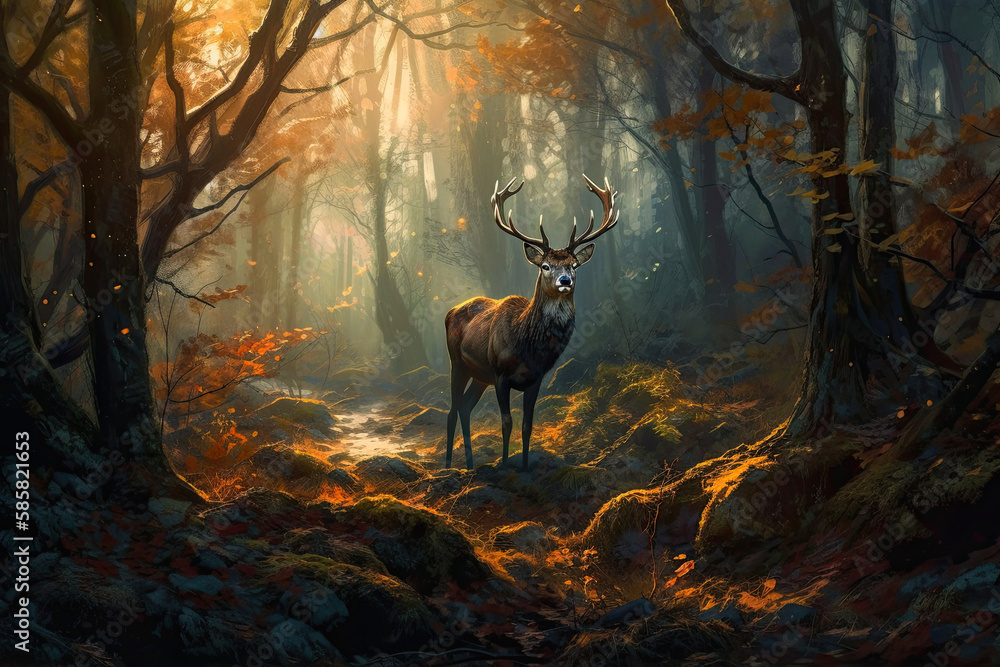 Generative AI illustration. Realistic red deer in a fantasy magical ...