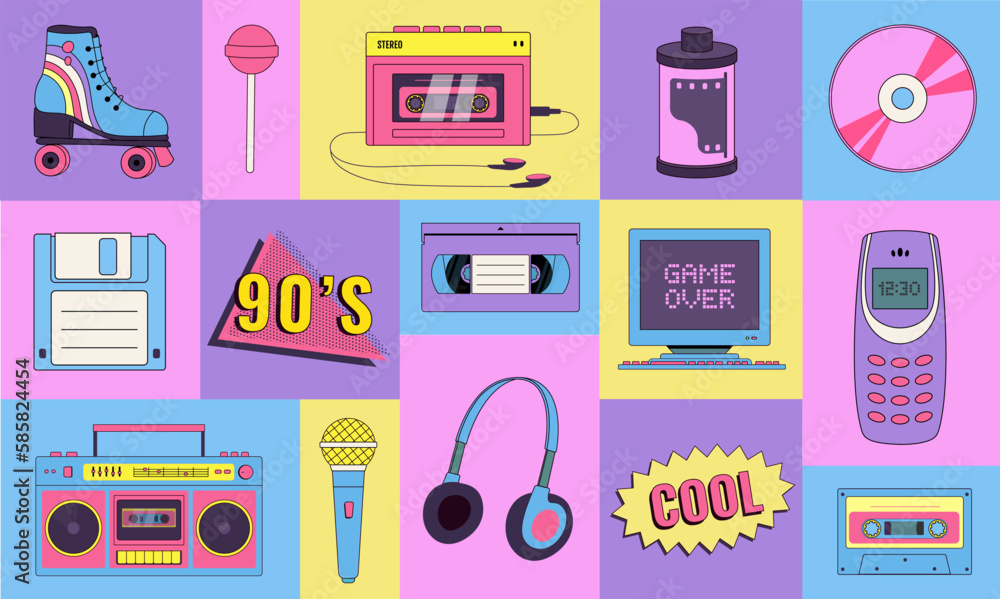 Collection of 90s elements: old pc, phone, audio player, cassette, CD ...