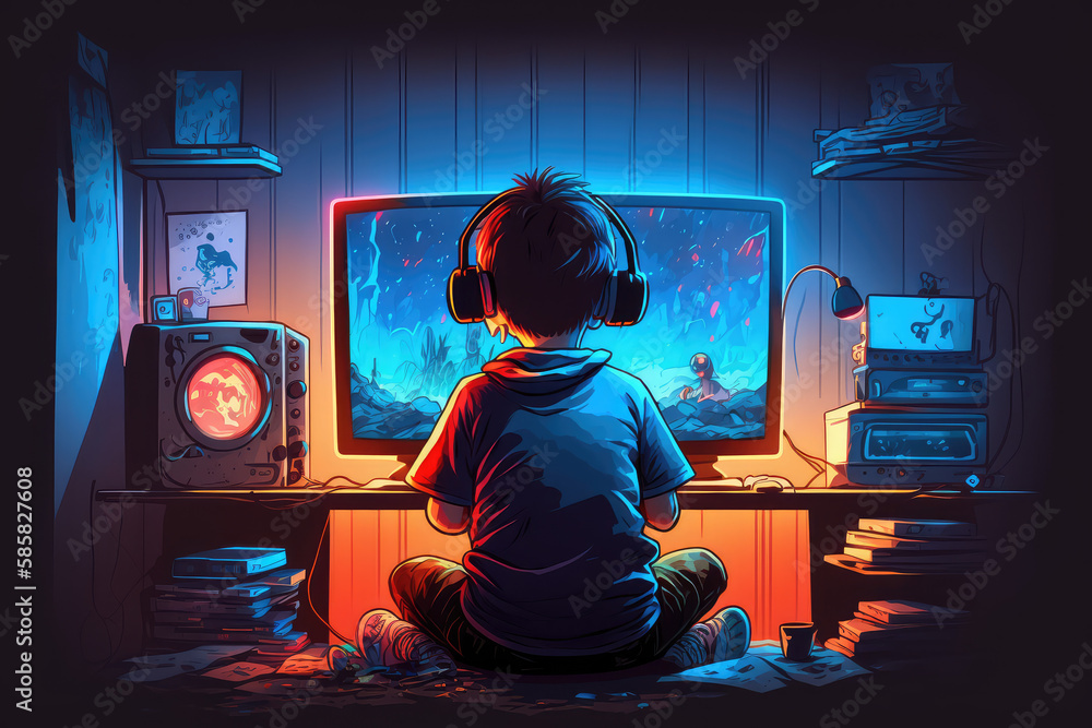 The child is sitting in front of a computer screen. The boy is playing ...