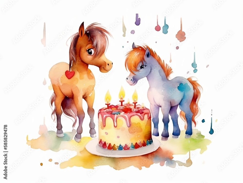 baby horse playing with birthday cake - watercolor illustration on ...