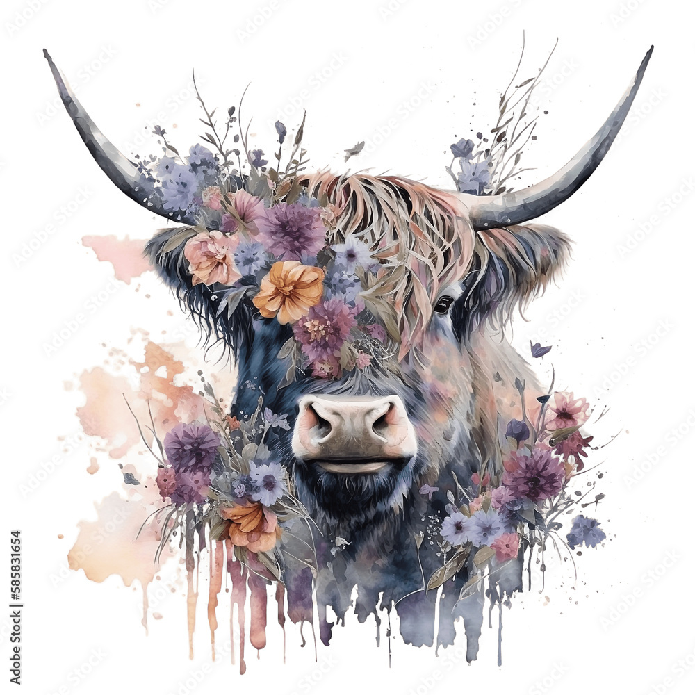 Watercolor Scottish highland cow. Beautiful highland cow with flowers ...