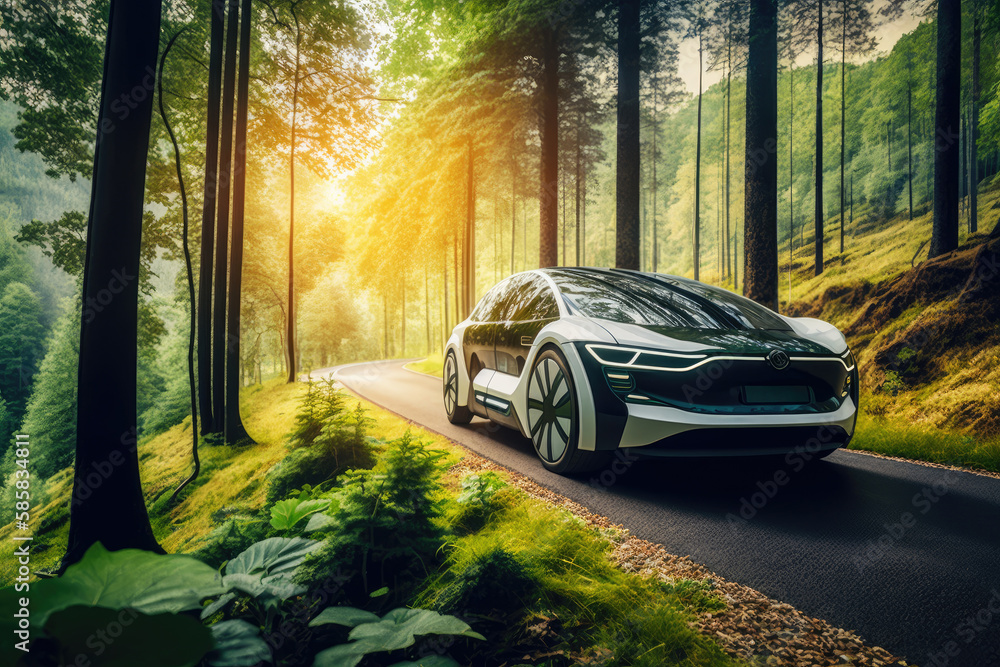 EV (Electric Vehicle) electric car is driving on a winding road that ...