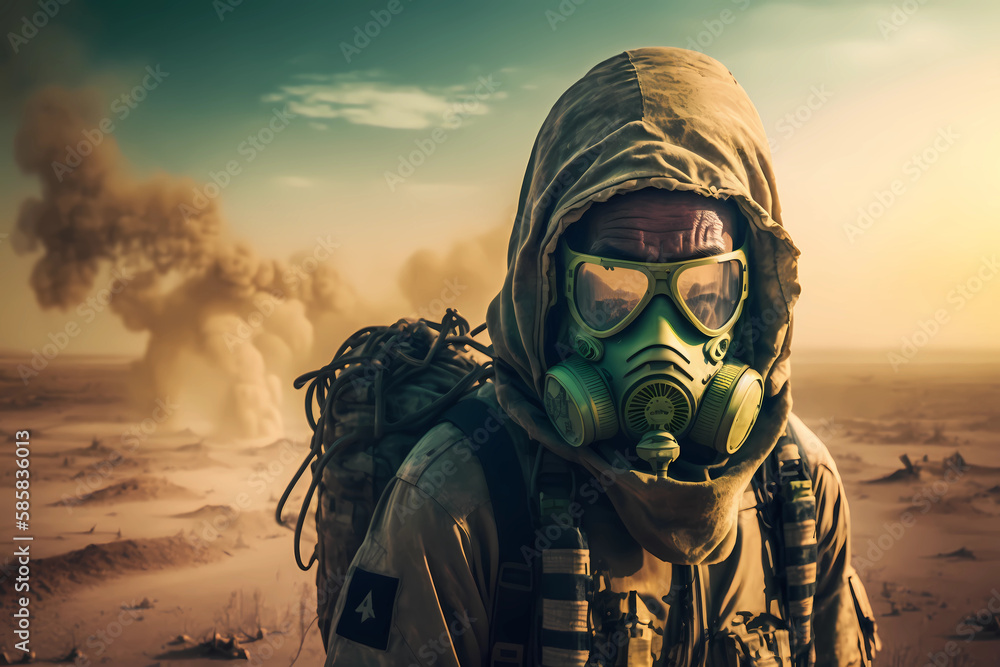 Man in gas mask for chemical protection, apocalyptic smoke in desert ...