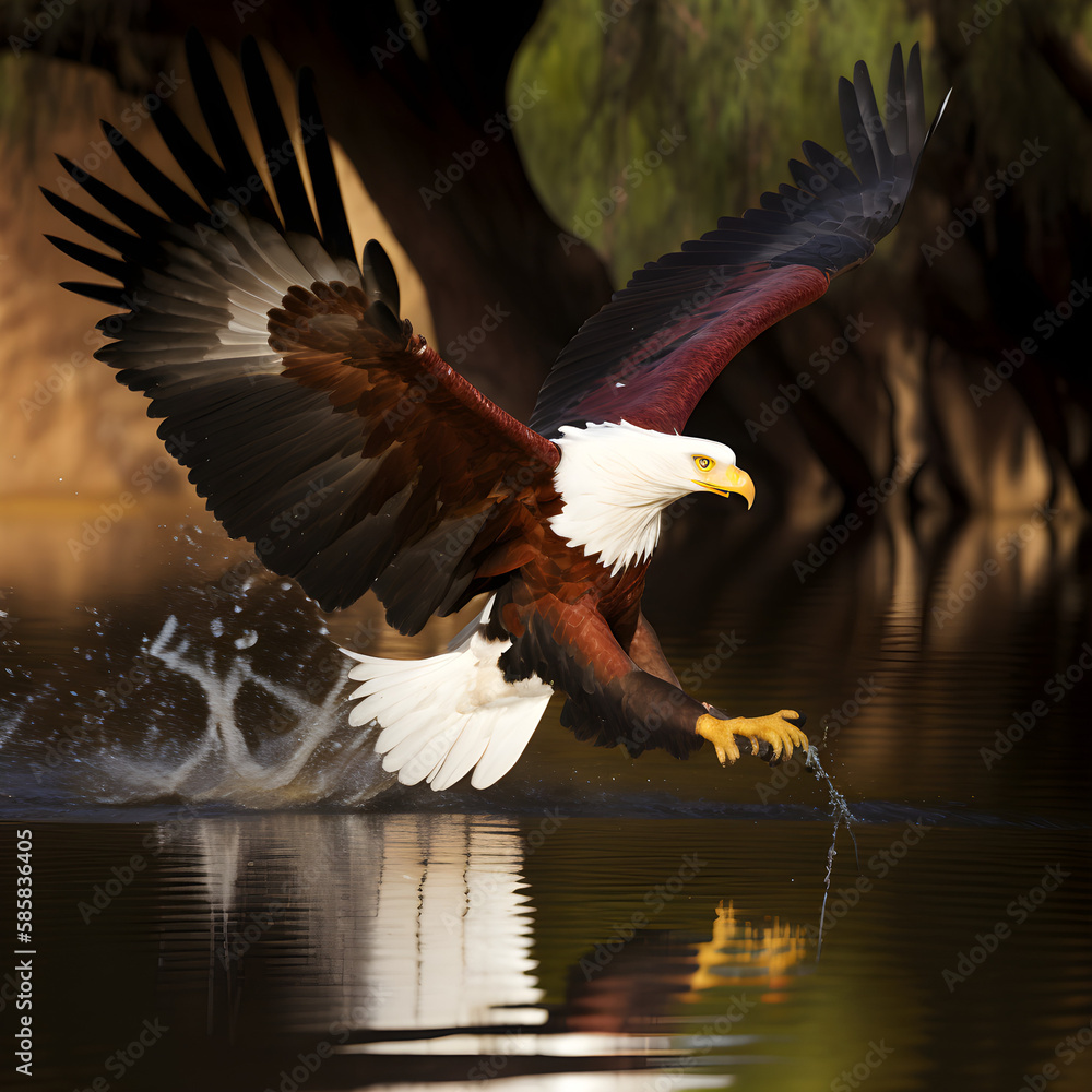 An African fish eagle swooping down to catch a fish in a river, with ...