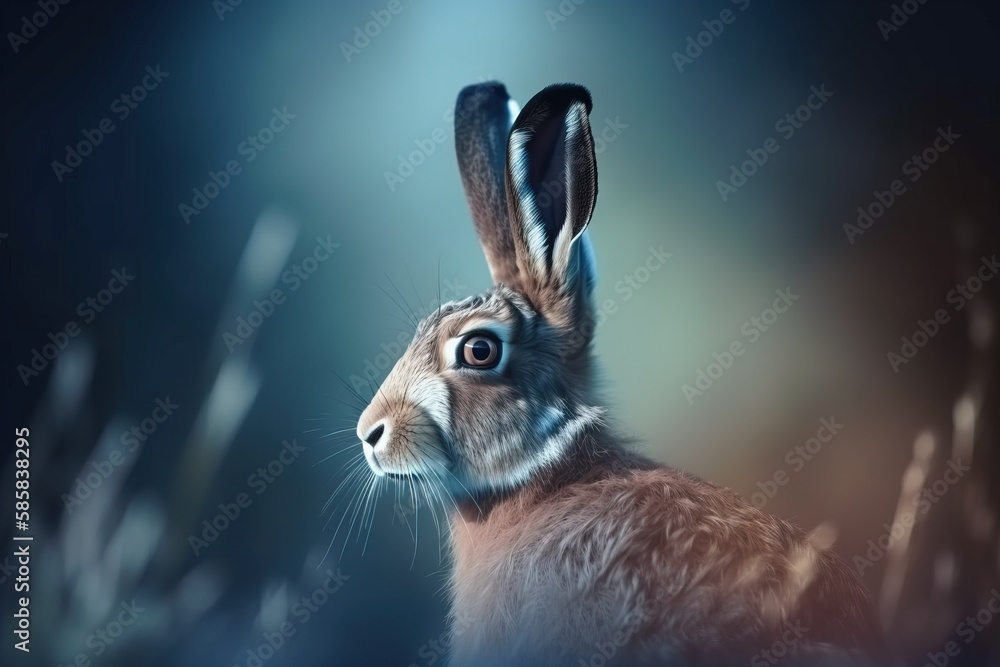 a brown and white rabbit with big ears and a black background with a ...