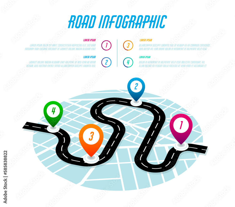 Road infographic, vector map timeline template with banner route lone ...