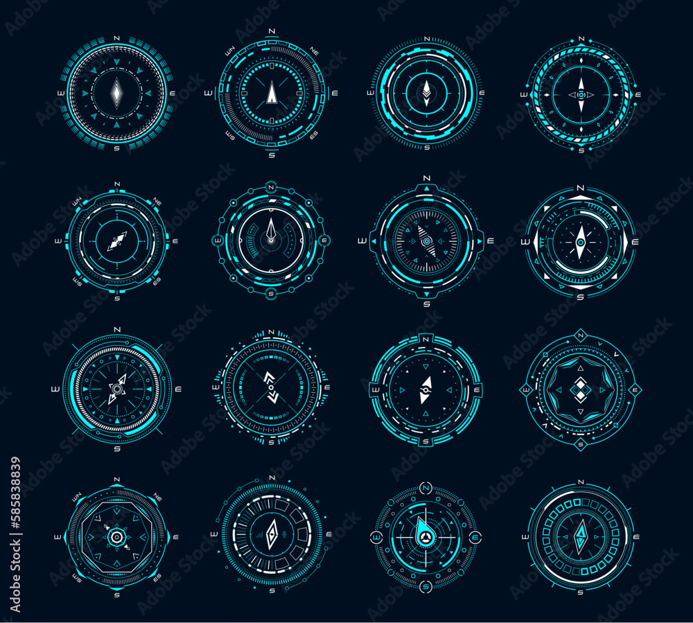 Poster HUD compass, futuristic vector set of optical round aiming, sci ...