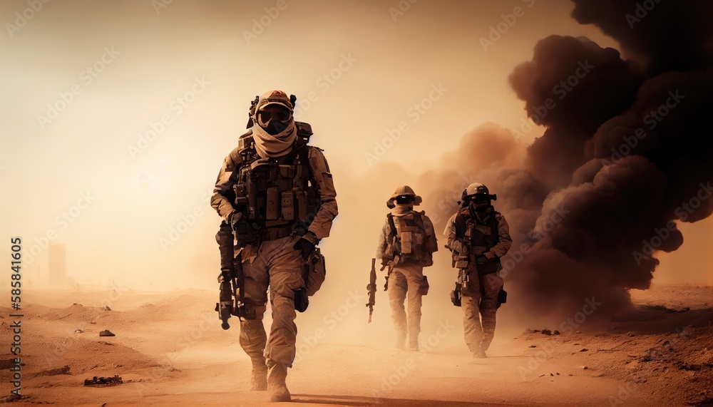 Military special forces soldiers crosses destroyed warzone through fire ...