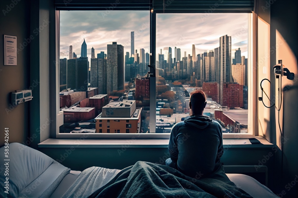 person, sitting up in hospital bed, looking out the window at urban ...