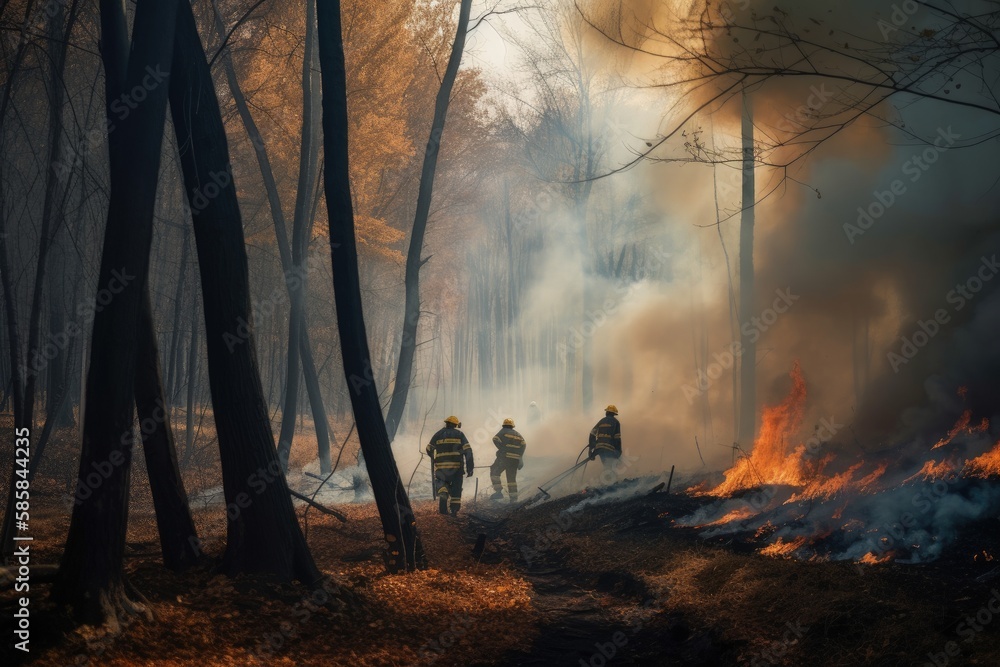 Firefighters fighting a wildfire in a deep forest with dark smoke ...